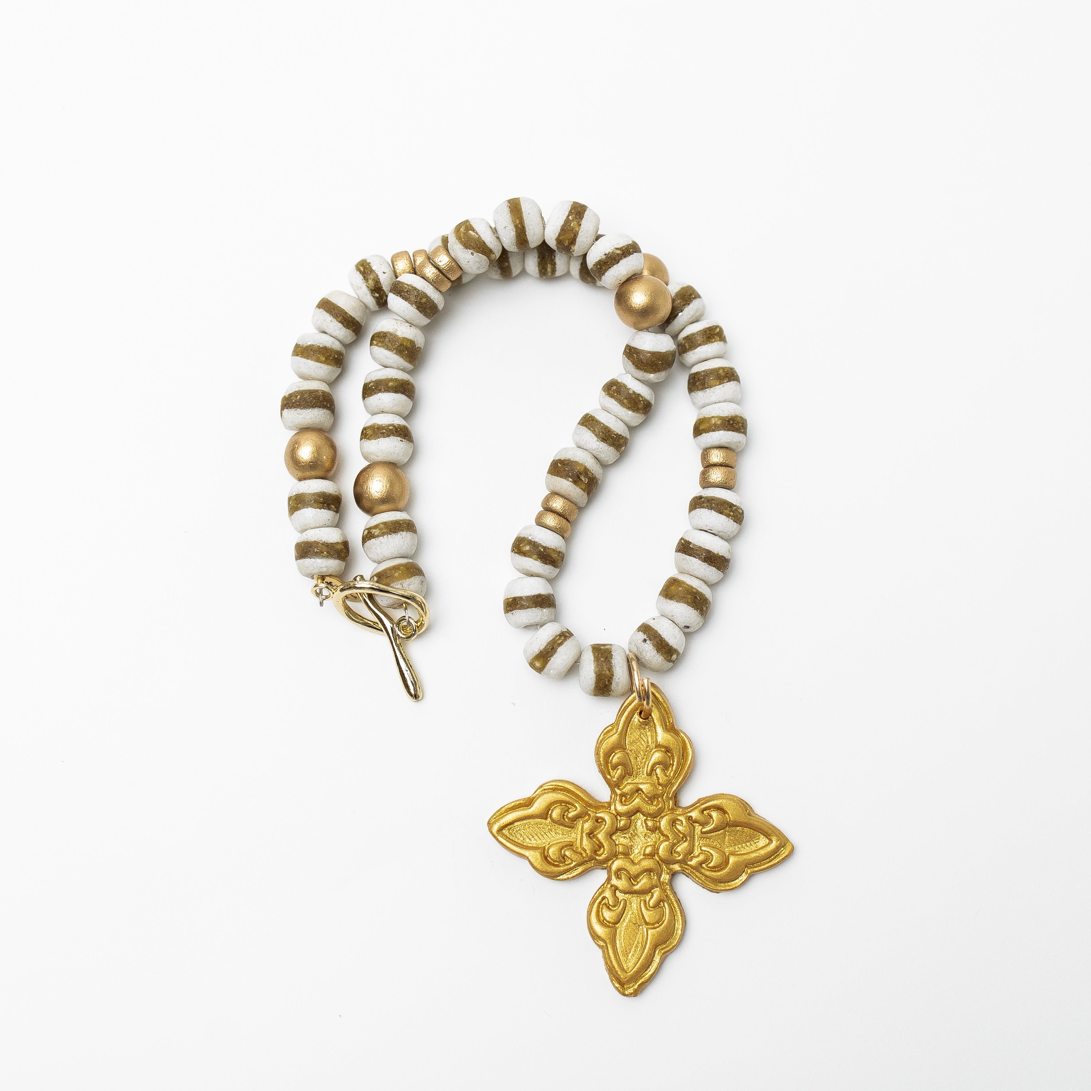 White & Gold African Glass with Kait Cross – Hidden Truth Jewelry
