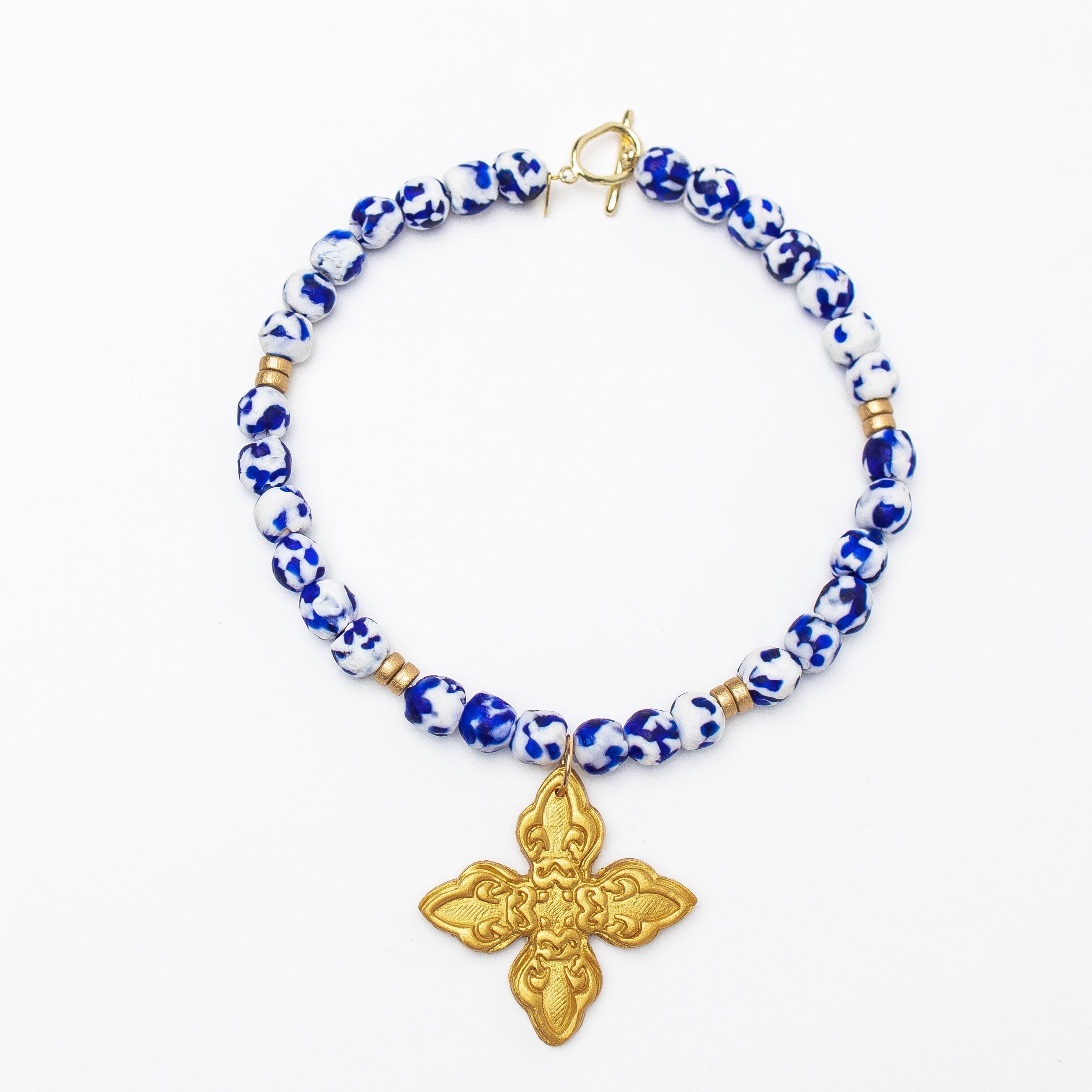 Cobalt Blue & White African Glass with Kait Cross – Hidden Truth Jewelry